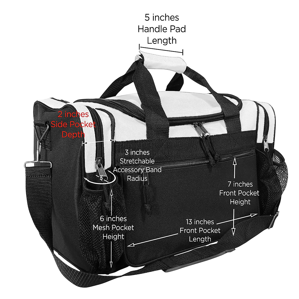 DALIX 17" Duffle Bag Dual Front Mesh Pocket in White