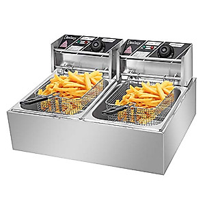 Electric Deep Fryer 23.6L 5000W Stainless Steel Dual Large Tank Basket Lid Countertop Commercial Restaurant