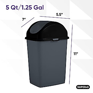 Superio 1.25 Gal Mini Plastic Trash Can with Swing Top Lid Small Waste Bin for Countertop, Desk, Vanity, Bathroom 5 Quart (Grey/Black)