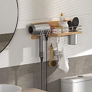 RoleDes Bamboo Hair Dryer Holder Wall Mount,Bathroom Organizer for Styling Tools,Blow Dryer,Curling Iron,Hair Straightener Floating Shelves for Hairdryer Storage