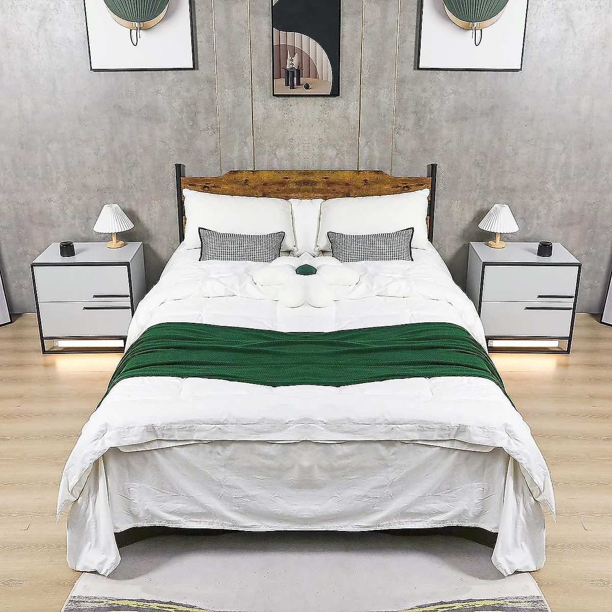 HOMMPA Nightstand with Auto Led Light Grey Night Stand with Infrared Sensor Lights 3 Colors Adustable Brightness Led Bedside Table with Metal Frame 2 Drawers High Gloss Modern Night Stand for Bedroom