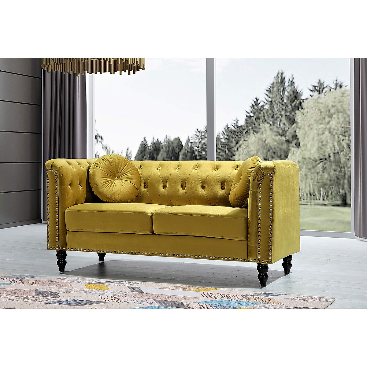 US Pride Furniture Modern Style Soft Elegant High Density Foam 64.17'' Wide Golden Yellow Velvet Rolled Arm Chesterfield Living Room Loveseat with Removable Cushion & Solid Wood Legs (S5608-5613)