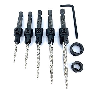 FTG USA Wood Countersink Drill Bit Set 5 Sizes Set Countersink #4, 6, 8, 10, 12 Tapered Drill Bits with Hex Shank Countersink bit, 2 Stop Collar, 1 Allen Wrench, 6 Storage Containers