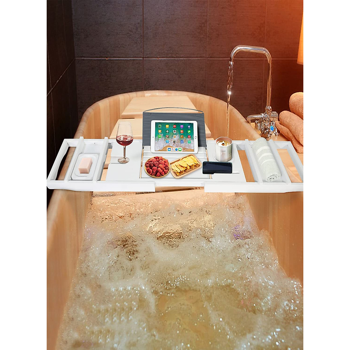 ZHTYRE Bamboo Bathtub Caddy Tray, White, 29.5"-43" Expandable, Non-slip, with Bamboo Bookshelf and Soap Tray Shelf, 1 or 2 Person Bath and Bed Tray