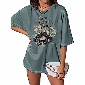 Women Oversized Skull Shirts Skeleton Floral Graphic Loose Tshirts Halloween Teen Girls Baggy Trendy Top