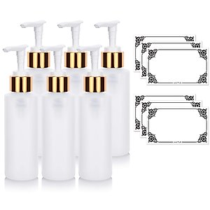 JUVITUS 4 oz Clear Natural Refillable Plastic Squeeze Bottle with Gold Pump Dispenser (6 pack) + Labels