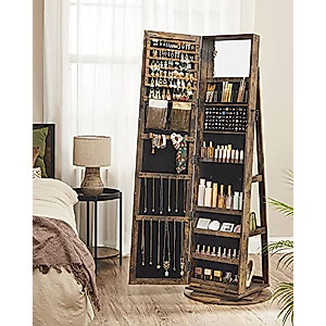 SONGMICS 360° Swivel Jewelry Cabinet, Lockable Jewelry Organizer with Full-Length Mirror, Rear Storage Shelves, Built-in Small Mirror, Jewelry Armoire, for Women, Rustic Brown UJJC006X01