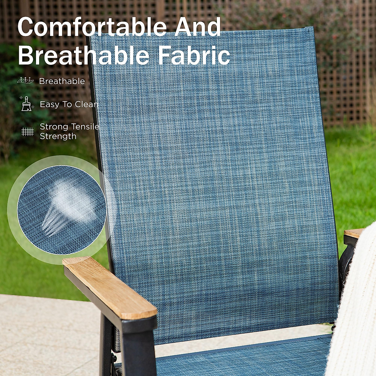 PHI VILLA Outdoor Stackable Dining Chairs Set of 2（Blue,Lightweight Aluminum Frame with Textilene Fabric & Wider Armrest,Easy to Store,Patio Chairs for Garden,Lawn