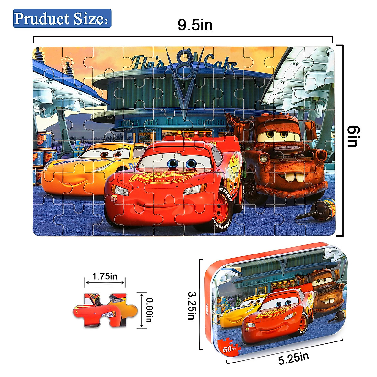 LELEMON Car Jigsaw Puzzles in a Metal Box 60 Pieces Lightning Jigsaw Puzzle for Kids Ages 4-8 Children Learning Educational Puzzles Toys