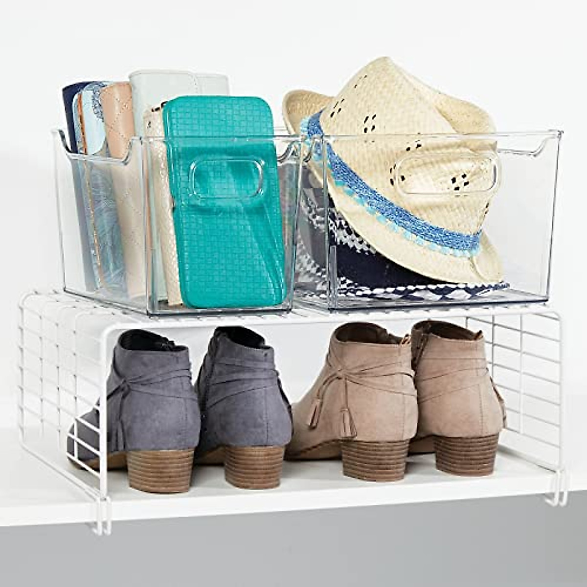 mDesign Modern Versatile Metal Closet, Cabinet Organizer Storage 2-Tier Shelf Divider and Separator for Bedrooms, Bathrooms, Entryways, Hallways, Kitchen Pantry, Office - Easy Install - White