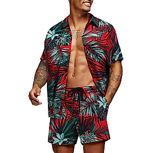 COOFANDY Men's Casual Floral Print Shirt Set Short Sleeve Tropical Leaves Shirt Summer Beach 2 Piece Short Set