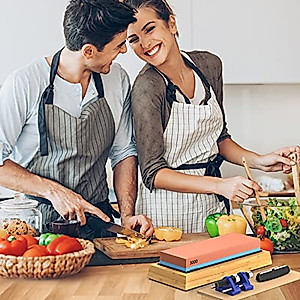 Knife Sharpening Stone Set, Premium 4 Side Grit 400/1000 3000/8000 Whetstone Sharpener Kit with Cut Resistant Gloves,Bamboo Base,Flattening Stone,Angle Guide,Honing Guide,Leather Strop,Razor Strop