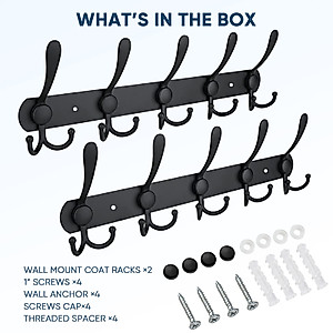 TICONN Wall Mounted Coat Rack, Five Heavy Duty Tri Hooks All Metal Construction for Jacket Coat Hat in Mudroom Entryway (Matte Black, 2-Pack)