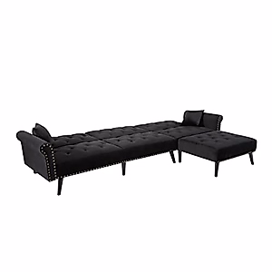 KoiHome Sectional Sofa Right Hand Facing Velvet Button Tufted, L Shape Chaise with Nail Head Detail, Conical Wood Leg, 2 Pillows, Modern & Elegant, Home Furniture for Living Room,Office, Black