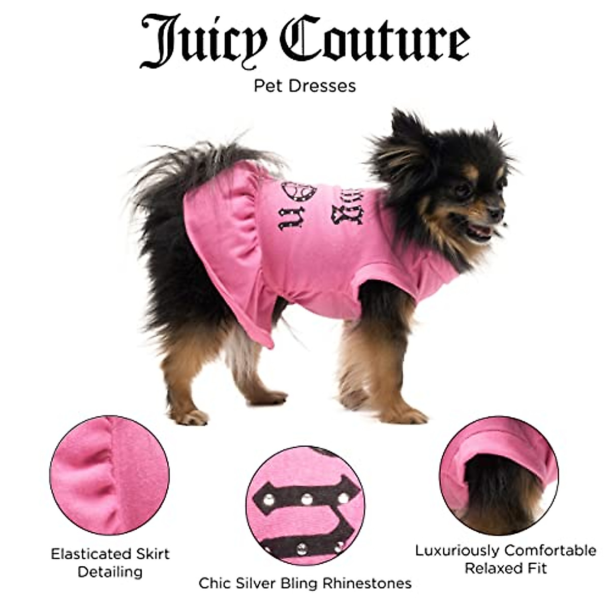 Juicy Couture Bling it On Cheer Dog Dress – Pullover Design Puppy Shirt with Elasticated Waistline and Flared Skirt, Doggie Clothes for Convenient Bathroom Breaks, X-Small (2-4 lbs.)