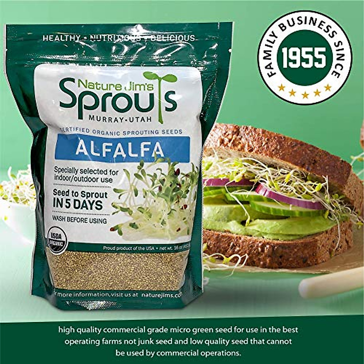 Nature Jims Alfalfa Sprout Seeds – 16 Oz Organic Sprouting Seeds – Non-GMO Premium Alfalfa Seeds – Resealable Bag for Longer Freshness – Rich in Vitamins, Minerals, Fiber