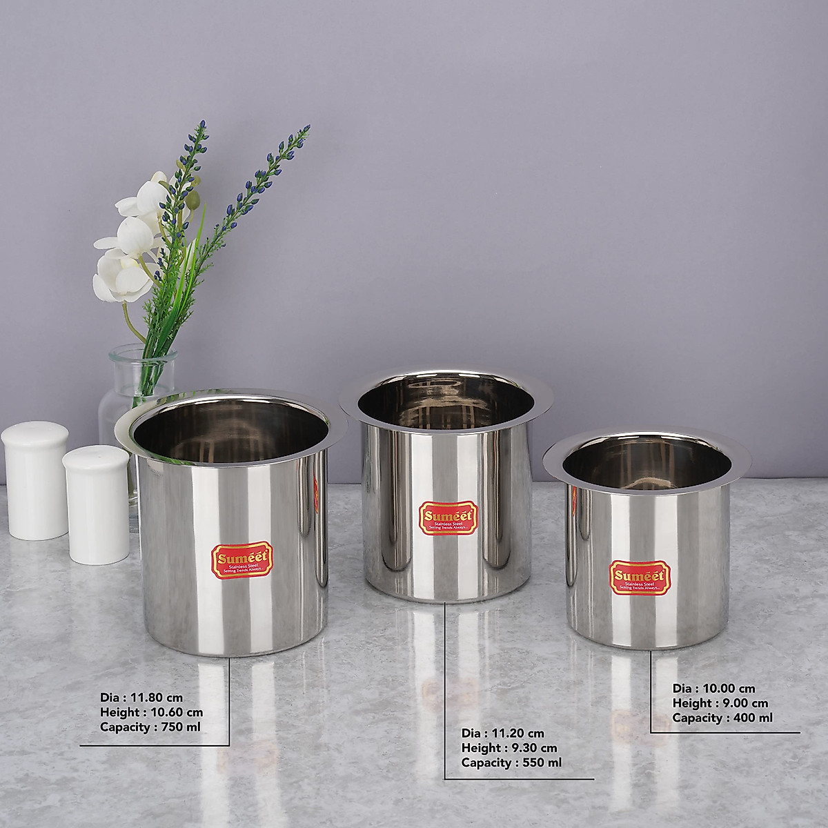 Sumeet Stainless Steel Ganj/Milk Boiler/Milk Pot/Long Tapeli Set of 3 Pieces (400ml, 550ml, 750ml), Silver