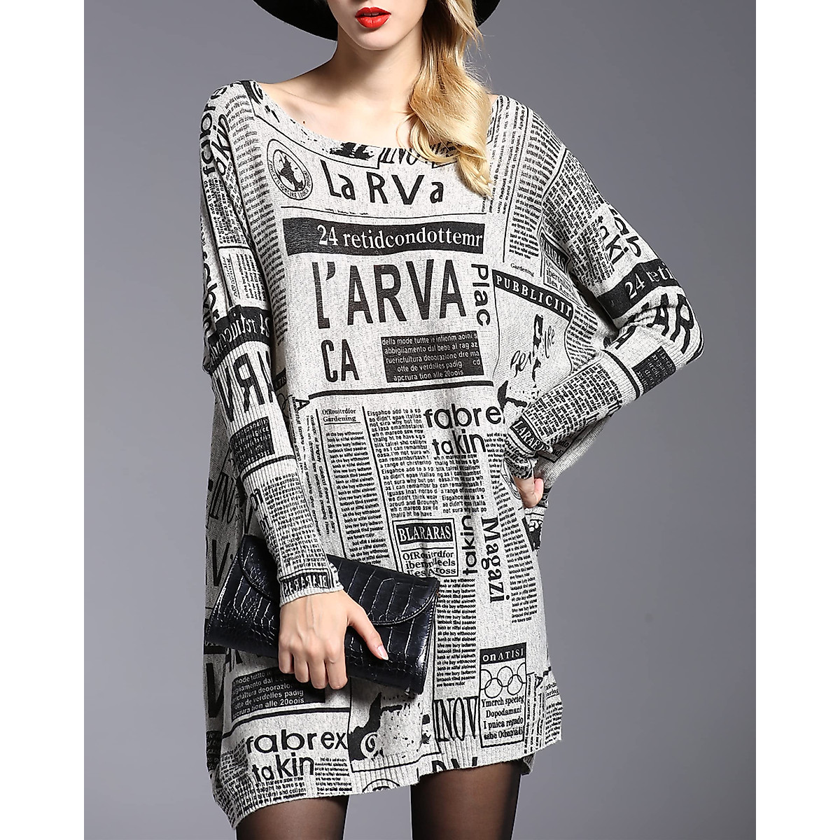 ellazhu Women's Autumn Long Sleeve Printed Newsprint Crew Neck Sweater Sweatshirt DH40 Grey
