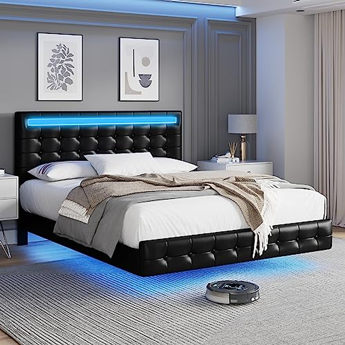 Full Bed Frame with LED Lights Visual-Floating Bed for Modern Space, Upholstered Leather Headboard and Footboard Platform Bed with Spacious Under Bed Storage, Wood Slats Support Easy Assembly, Black