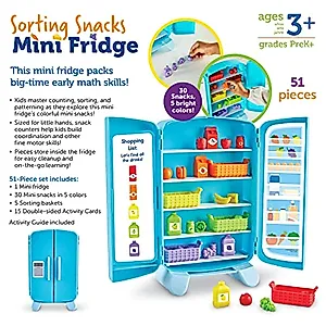 Learning Resources Sorting Snacks Mini Fridge ,51 Pieces, Ages 3+, Toddler Toys, Educational Toys, Snack Toys,Plastic Food Toys,Kids Kitchen Accessories