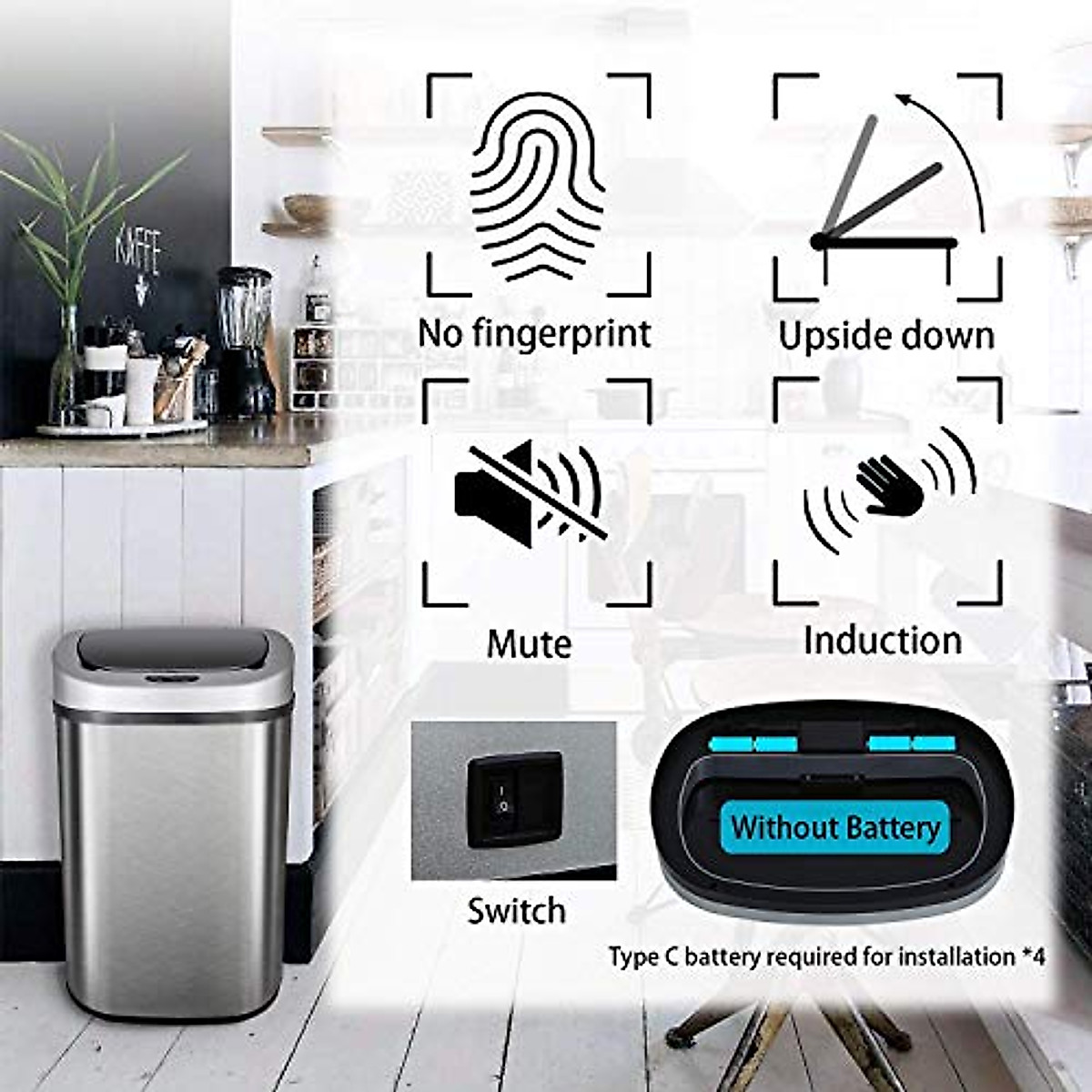 HCB Trash Can Automatic Waste Bin Mute Metal Garbage Can with Lid Stainless Steel 13 Gallon 50 Liter for Kitchen | Office | Bedroom | Bathroom | Living Room