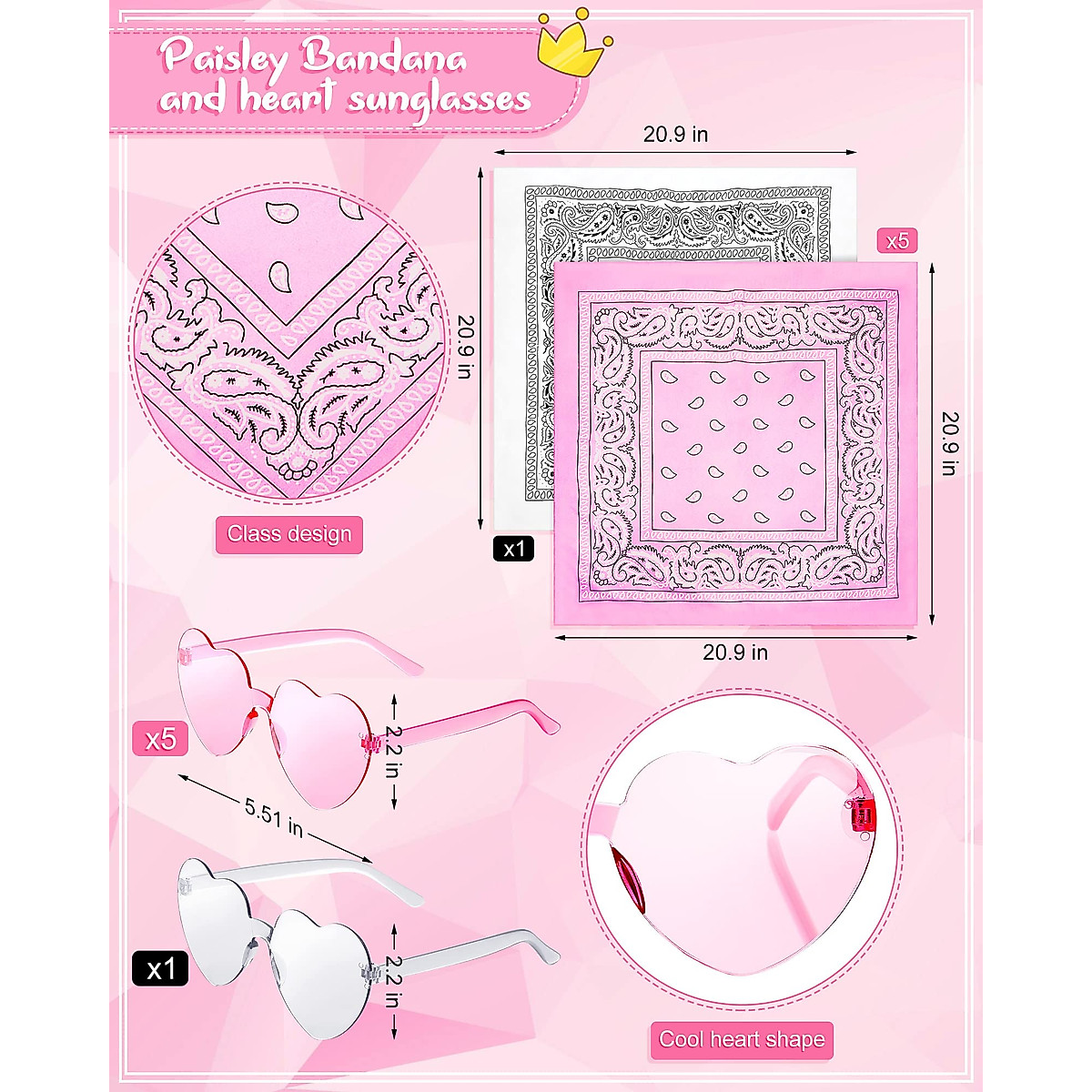 Jecery Bachelorette Party Set: Bride Cowgirl Hat with Veil, 5 Pink Hats, 6 Heart Sunglasses, and 6 White & Pink Bandanas for Last Rodeo