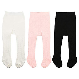 Zando Toddler Seamless Leggings Pantyhose for Girls Newborn Cable Knit Tights for Baby Girls Boot Tights Infant Leggings Pants Stockings Baby Spring Clothes 3 Pack - White, Black, Ballet Pink Medium
