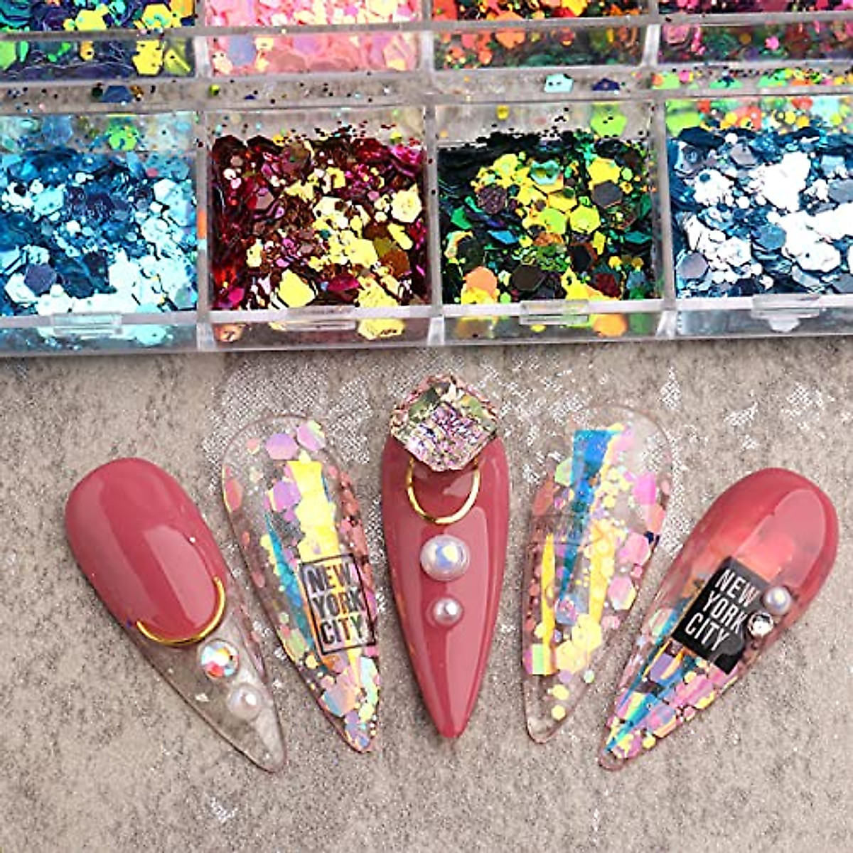 12 Grids Chameleon Nail Art Sequins Polygon Holographic Nail Supplies Bright Moving Nail Glitter Pattern Mermaid Nail Glitters Flakes Design 3D DIY Acrylic Nails for Women Manicure Powder Decorations