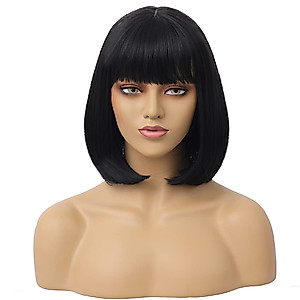 RightOn 12 Inches Black Bob Wig with Bangs Short Straight Synthetic Wigs for Women Cosplay Daily Party Hairnet Included