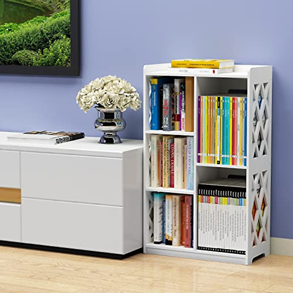 Rerii Bookcase, Small Bookshelf, Kids Book Case Open Shelf with 5 Cube Storage Organizer for Bedroom Living Room Office, White