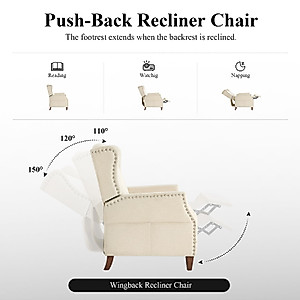 COLAMY Wingback Pushback Recliner Chair with Storage Pocket, Upholstered Fabric Living Room Chair Armchair with Wood Legs and Nailhead Trim, Beige