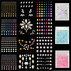 12 Sheets Face Jewels Rhinestones Crystal Stickers+15g Chunky and Fine Mix Glitter, Eye Face Body Rave Outfits Clothes Gifts for Women, Mermaid Gems Rave Festival Accessories, Makeup