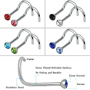 Rbenxia 20G 316L Nose Studs Rings 2.2MM Rhinestone Stainless Steel Nose Body Piercing Rings 10 Pcs Random Color for Unisex