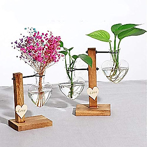 Beatae Hydroponic Glass Planter, Heart Shaped Glass Vase with Retro Solid Wood Stand Glass Flower Pot for Home Garden Office Wedding Decoration
