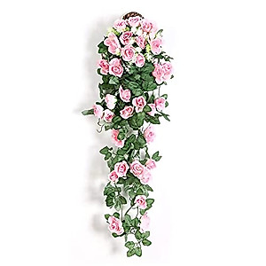 Hananona 2PCS Artificial Hanging Flowers 3.3Ft Artificial Rose Vine Hanging Plants Artificial Flower for Home Room Garden Wedding Indoor Outdoor Decoration (Pink, 2)
