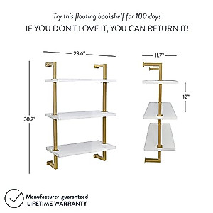 Nathan James Theo 3-Shelf Small Bookcase, Floating Wall Mount Bookshelf with Wood and Industrial Pipe/Metal Frame, White/Brass Gold
