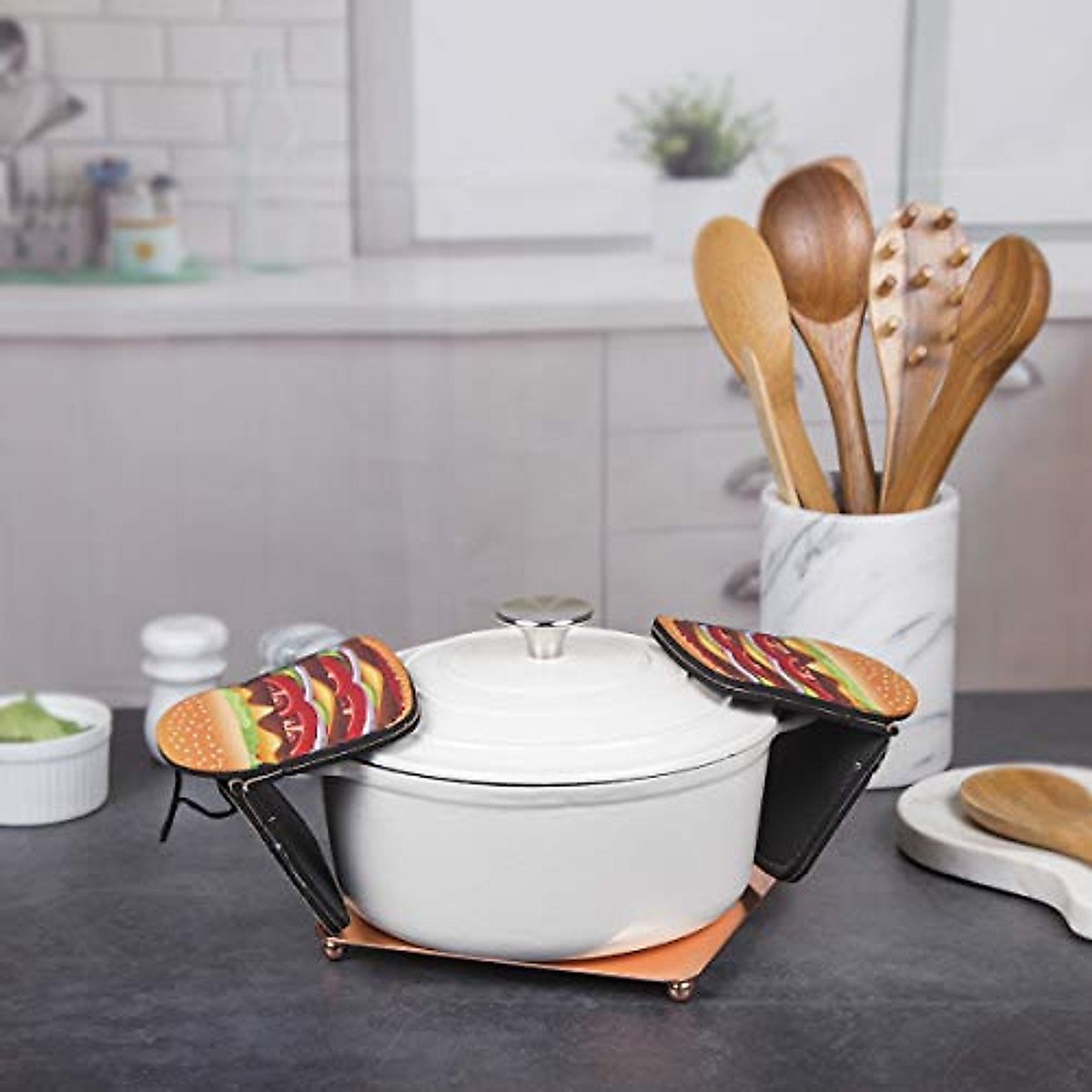 Creative Home Set of 2 (One Pair) Neoprene Oven Mitt Heat Resist Kitchen Gloves Pot Holder Grabber, 5.3" L x 5.7" W, Hamburger