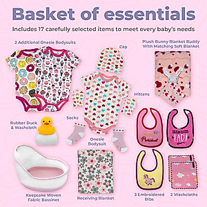 Bassinet New Baby Girl Gift Set | Unique Newborn Gift Basket Hamper for Gender Reveal | Baby Essentials for Expecting Moms & Parents | 17-Piece Baby Layette Set | Pink - Nikki's Gift Baskets
