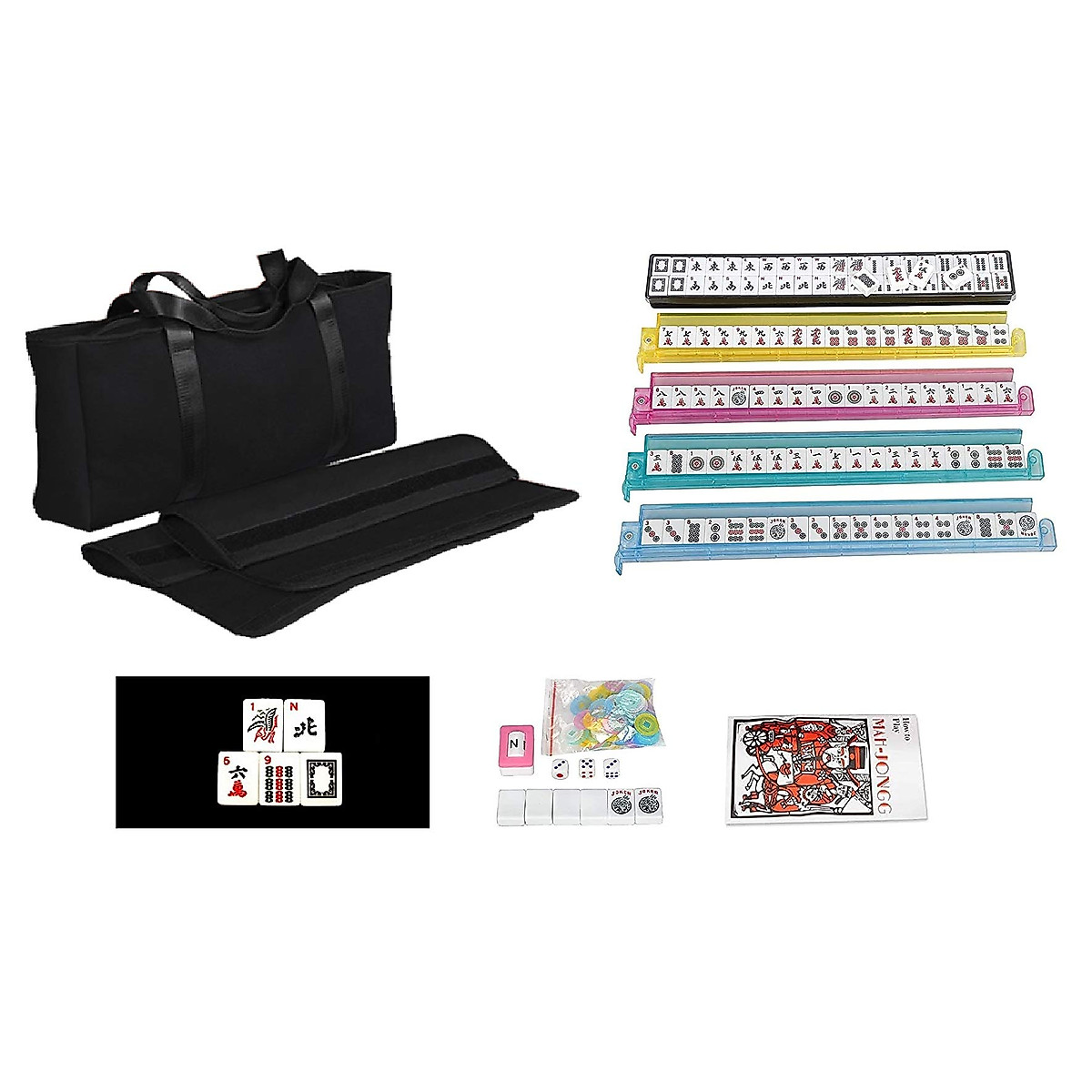C&H Solutions 166 Tiles American Mahjong Set Black Soft Bag 4 Color Pushers/Racks Easy Carry Western Mahjongg