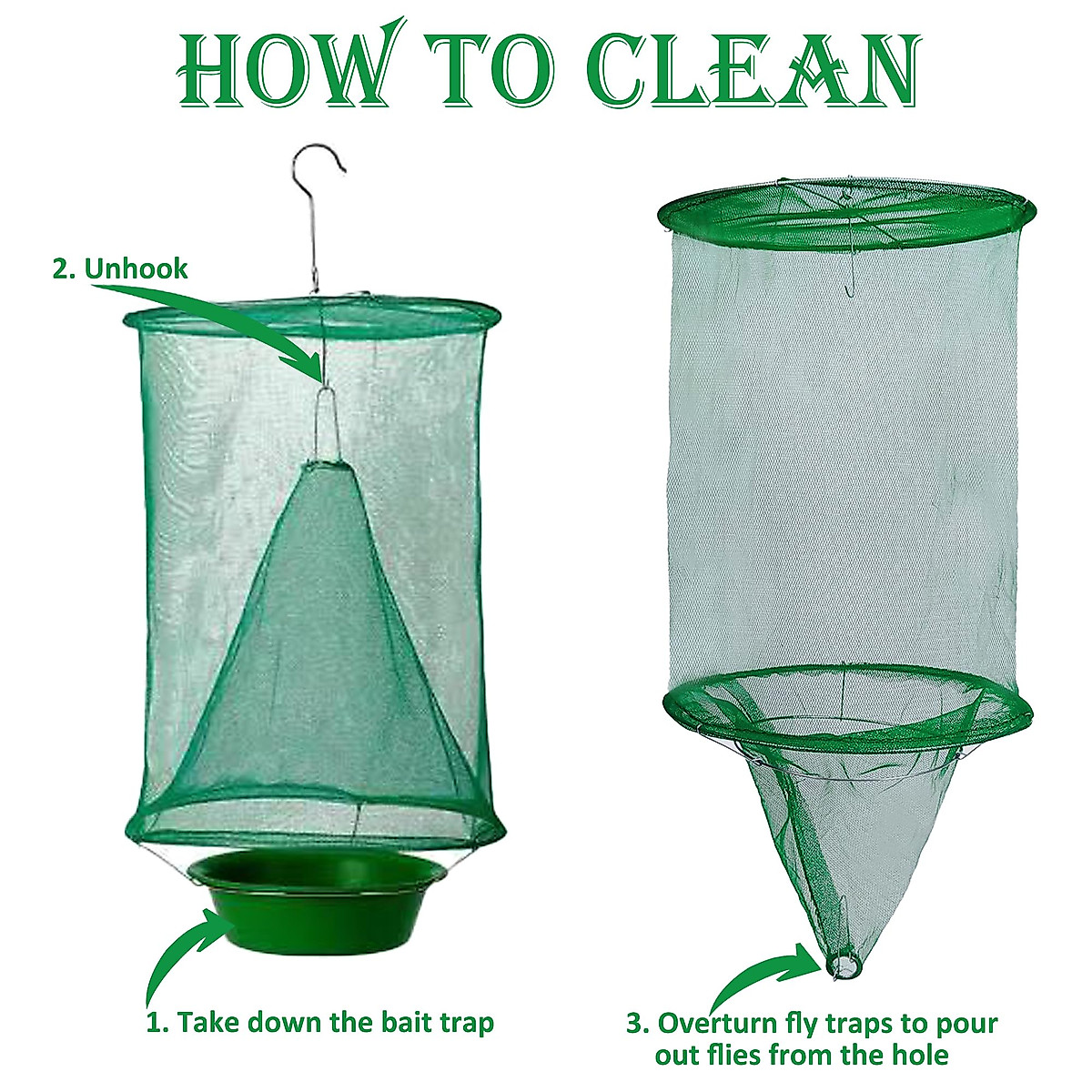 Ranch Fly Trap (4 Pack) with Adjustable Hanging Wire (2pcs) and Bait Tray | Indoor or Outdoor Fly Traps Hanging Cages for Farms, Park or Restaurants