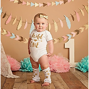Olive Loves Apple Wild One Gold Glitter Girls 1st Birthday Bodysuit,Gold,6-12 months short sleeve