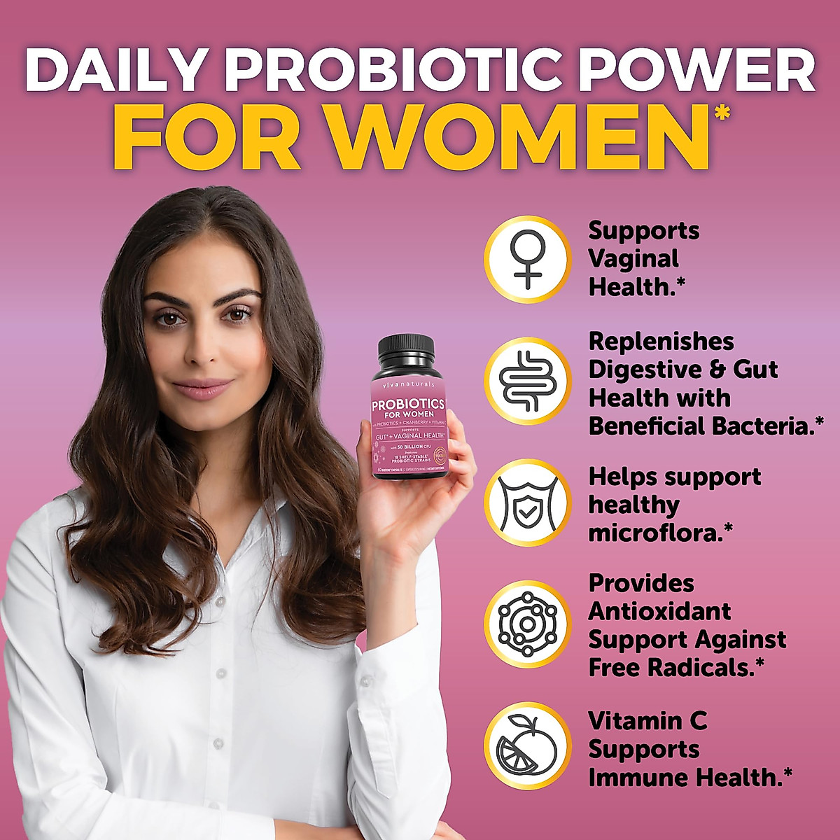 Viva Naturals Probiotics for Gut Health with Prebiotic Fiber, Cranberry & Vitamin C-50 Billion CFU Pre & Probiotics for Women Digestive Health, Vaginal Health from 18 Strains-Shelf-Stable 60 Capsules