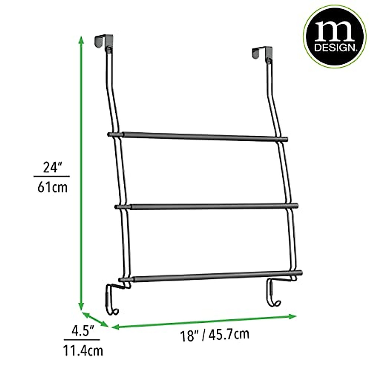 mDesign Expandable Metal Over Shower Door Towel Rack for Bathroom - 3-Tier Organizer with 2 Large Hooks - Holder for Hand/Bath Towels, Washcloths, Loofahs, Sponges - Trinity Collection - Matte Black