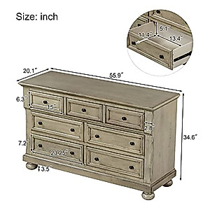 FRITHJILL 7 - Drawer Dresser, Traditional Solid Wood Chest of Drawers for Bedroom, Nursery, Stone Gray
