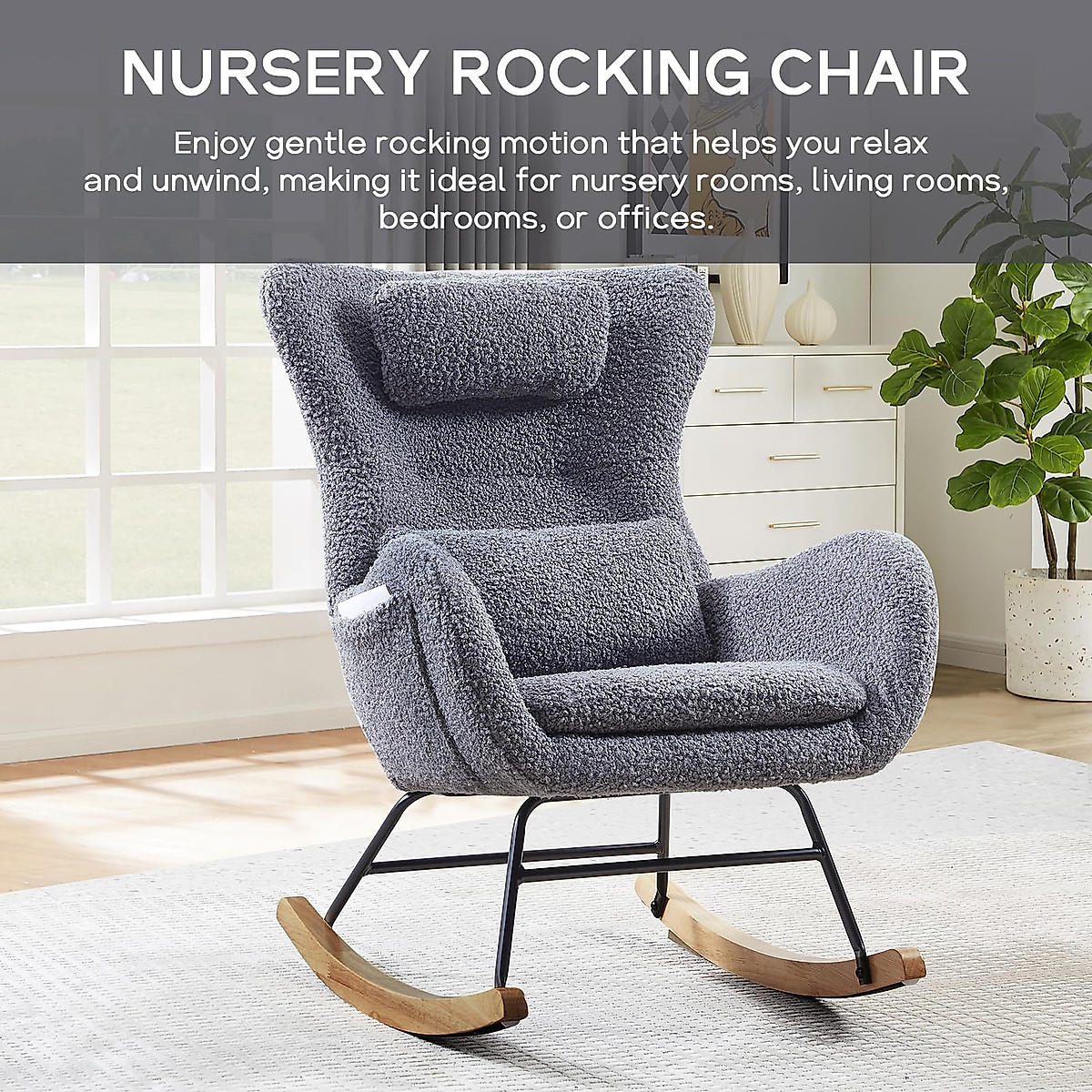 NIOIIKIT Nursery Rocking Chair, Teddy Upholstered Glider Rocker with Headrest and Lumbar Pillow, High Backrest Rocking Accent Chair with Side Pocket, Comfy Armchair for Living Room (Grey)