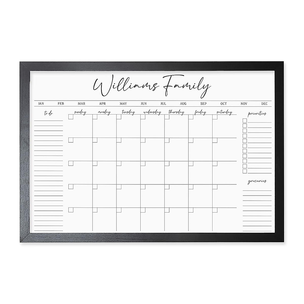 Personalized Dry Erase Wall Calendar with Custom To do list and Notes Organization Sections | Large Whiteboard Calendar (36" W x 24" H, Black Frame)