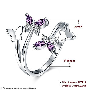 MAIHAO Women's Adjustable Size 925 Sterling Silver Butterfly White Birthstone CZ Butterfly Shape Purple Austrian Crystals Rings