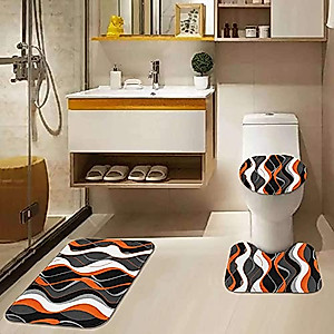 Geometric Orange Bathroom Sets with Shower Curtain and Rugs and Accessories, Black and Gray Shower Curtain Sets, Modern Orange Shower Curtains for Bathroom,Orange Bathroom Decor 4 Pcs