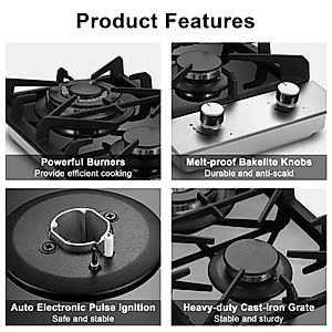 Eascookchef 2 Burner Propane Gas Cooktop, 12 inch LPG/NG Dual Fuel Built-in Gas Stove Top, Black Tempered Glass Gas Stove, Gas Hob for Apartment, Outdoor, RV, With Thermocouple Protection