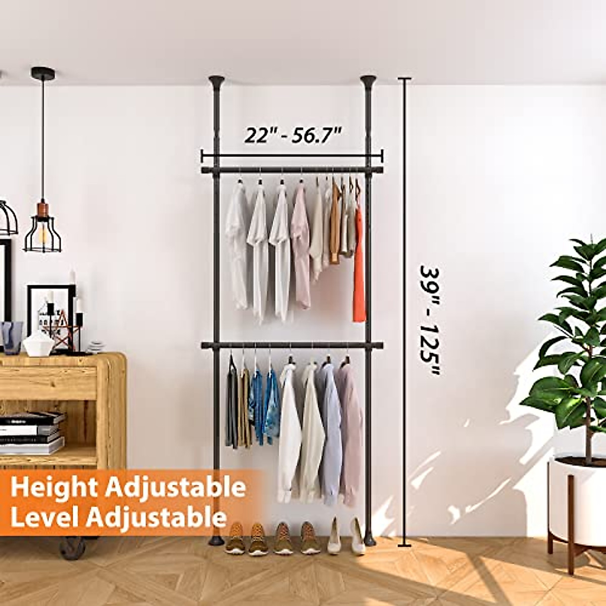 YeYeBest Clothes Rack, 2 Tier Closet Organizers And Storage Free Standing Closet Ceiling Link Floor Hanger for Hanging Clothes Adjustable Floor to Ceiling for Bedroom Laundry Room Black